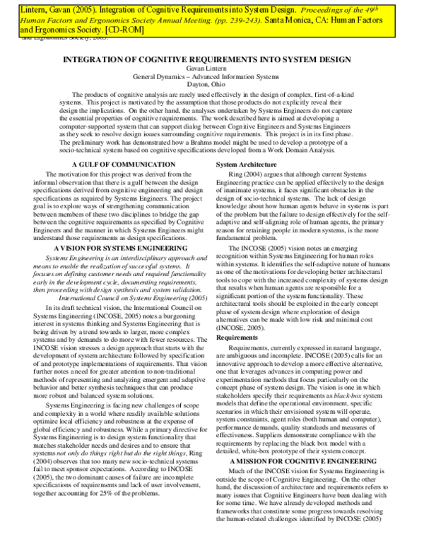 (PDF) Integration of cognitive requirements into system design