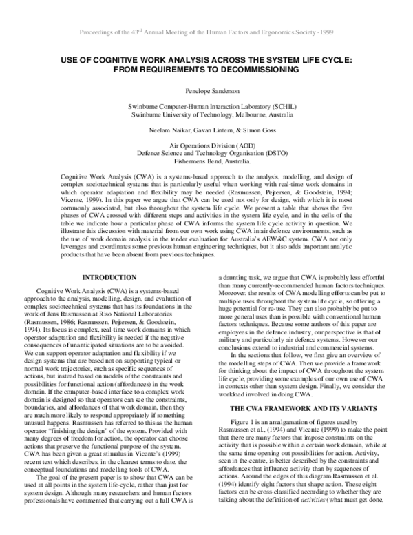 (PDF) Use of Cognitive Work Analysis Across the System Life Cycle: From ...