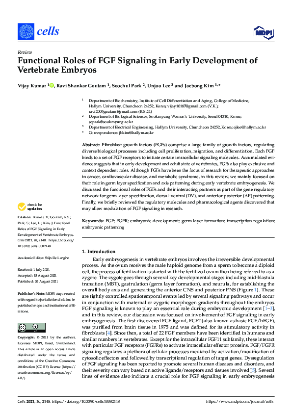 (PDF) Functional Roles of FGF Signaling in Early Development of Vertebrate Embryos | Ravi Goutam ...