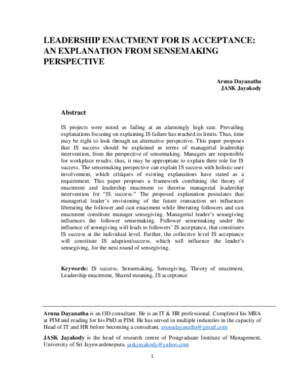 (PDF) LEADERSHIP ENACTMENT FOR IS ACCEPTANCE: AN EXPLANATION FROM ...