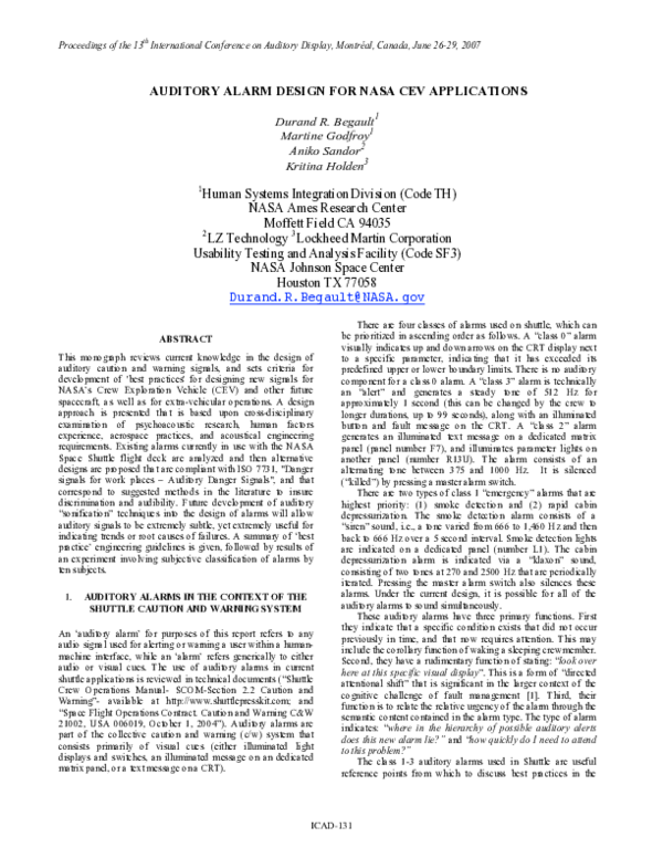 (PDF) Best practices for auditory alarm design in space applications