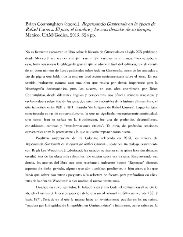 (PDF) Reseña: Brian Connaughton (coord.), Repensando Guatemala en la época de Rafael Carrera. El ...