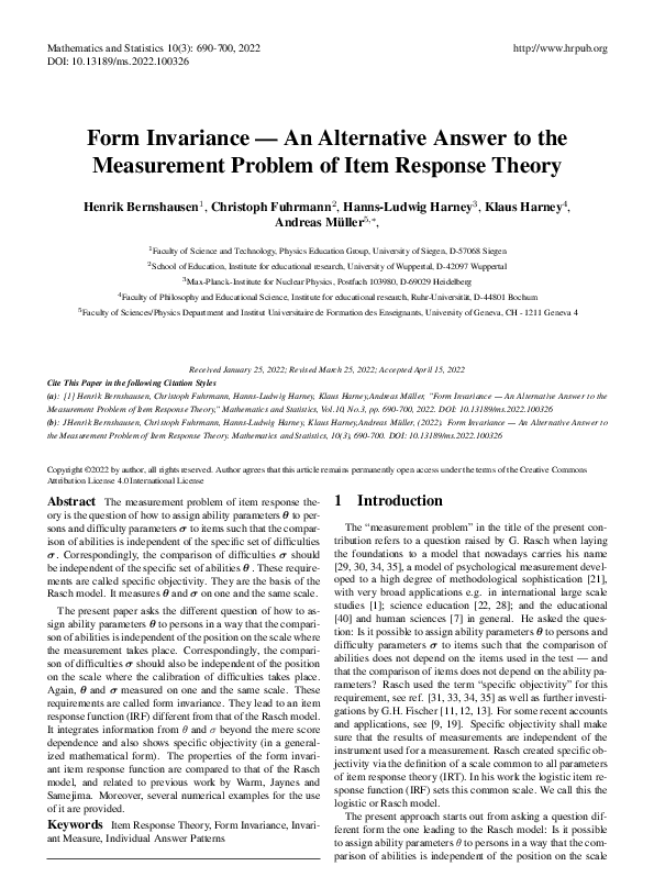 Pdf Form Invariance An Alternative Answer To The Measurement Problem Of Item Response Theory