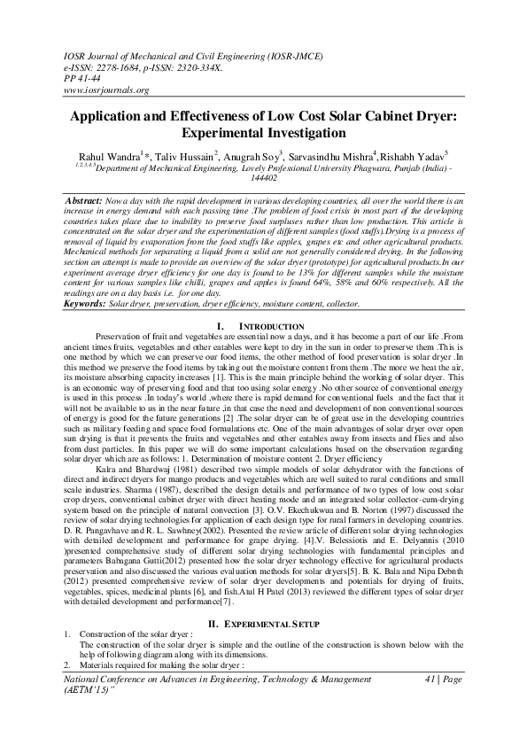 (PDF) Application and Effectiveness of Low Cost Solar Cabinet Dryer : Experimental Investigation