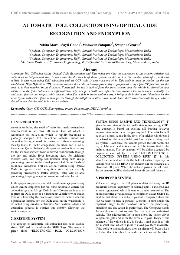 (PDF) Automatic Toll Collection Using Optical Code Recognition and Encryption