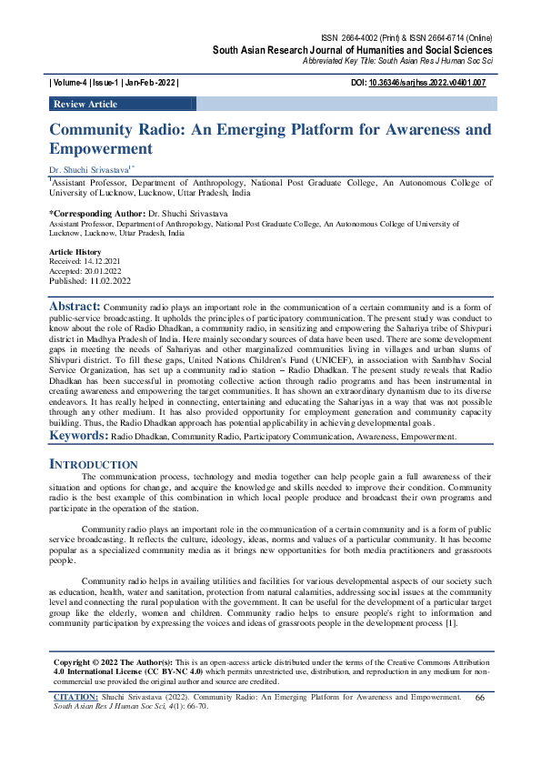 (PDF) Community Radio: An Emerging Platform for Awareness and Empowerment