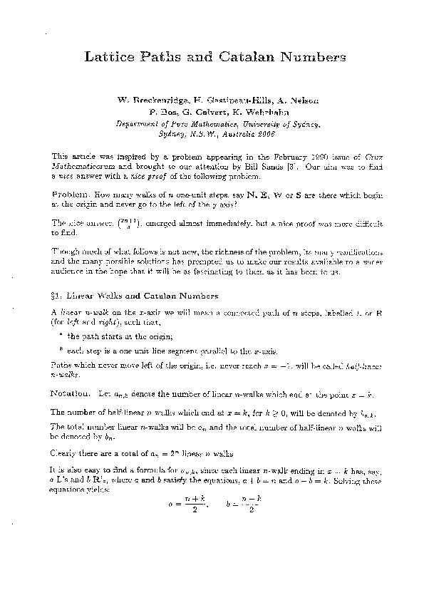 (PDF) Lattice Paths and Catalan Numbers