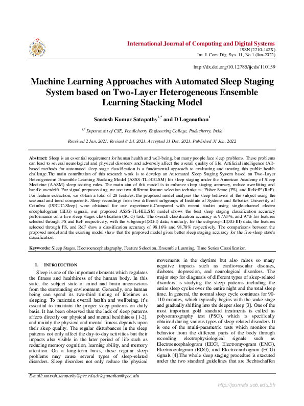 (PDF) Machine Learning Approaches with Automated Sleep Staging System based on Two-Layer ...