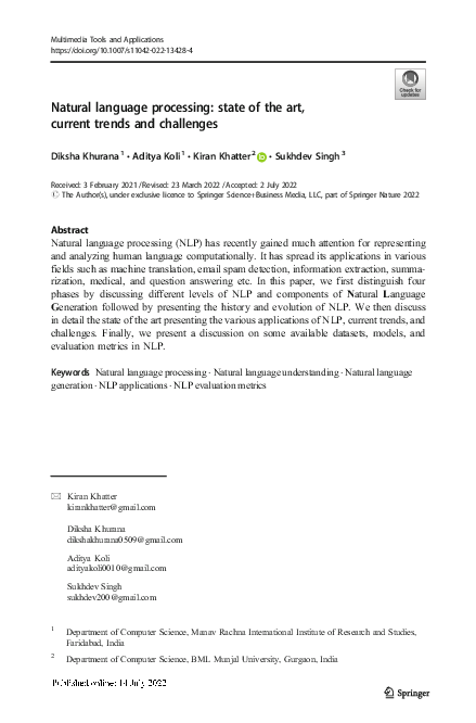 Natural Language Processing State Of The Art Current Trends And