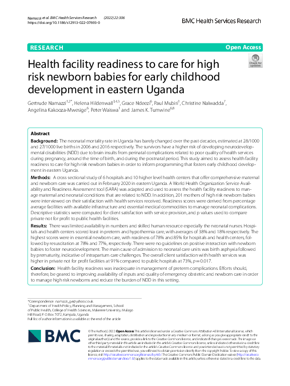 (PDF) Health facility readiness to care for high risk newborn babies ...