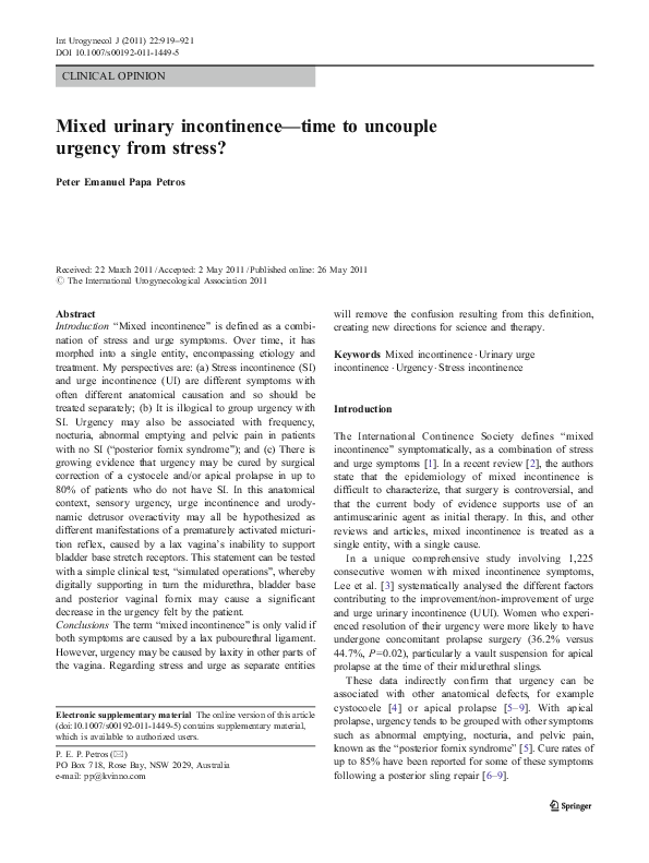 (PDF) Mixed urinary incontinence—time to uncouple urgency from stress?