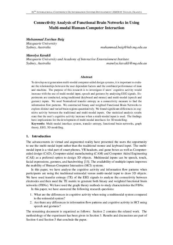 Pdf Connectivity Analysis Of Functional Brain Networks In Using Multi Modal Human Computer
