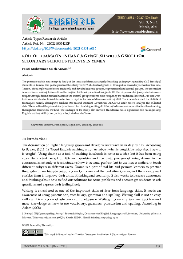 (PDF) Role of Drama on Enhancing English Writing Skill for Secondary ...