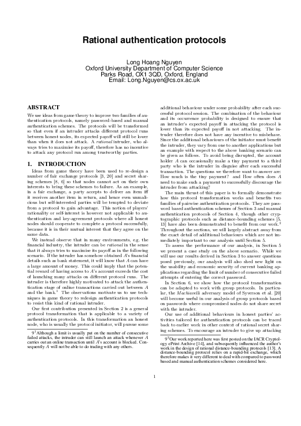 Pdf Rational Authentication Protocols