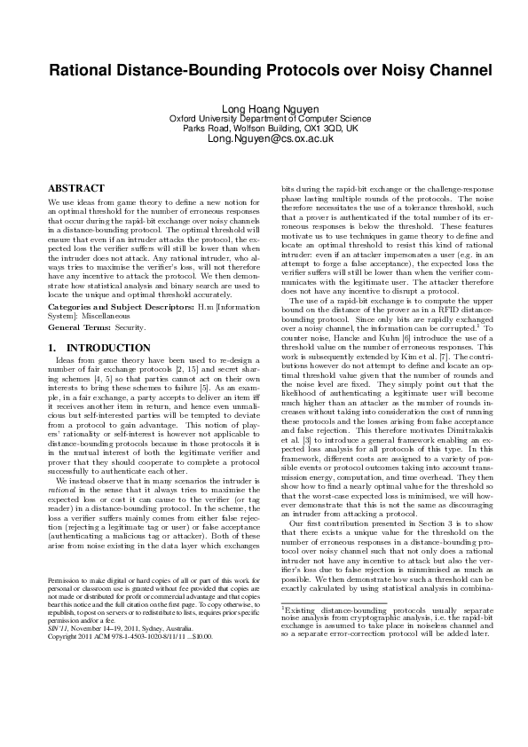 (PDF) Rational distance-bounding protocols over noisy channel | Long Nguyen - Academia.edu