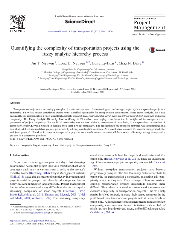 (PDF) Quantifying the complexity of transportation projects using the fuzzy analytic hierarchy ...