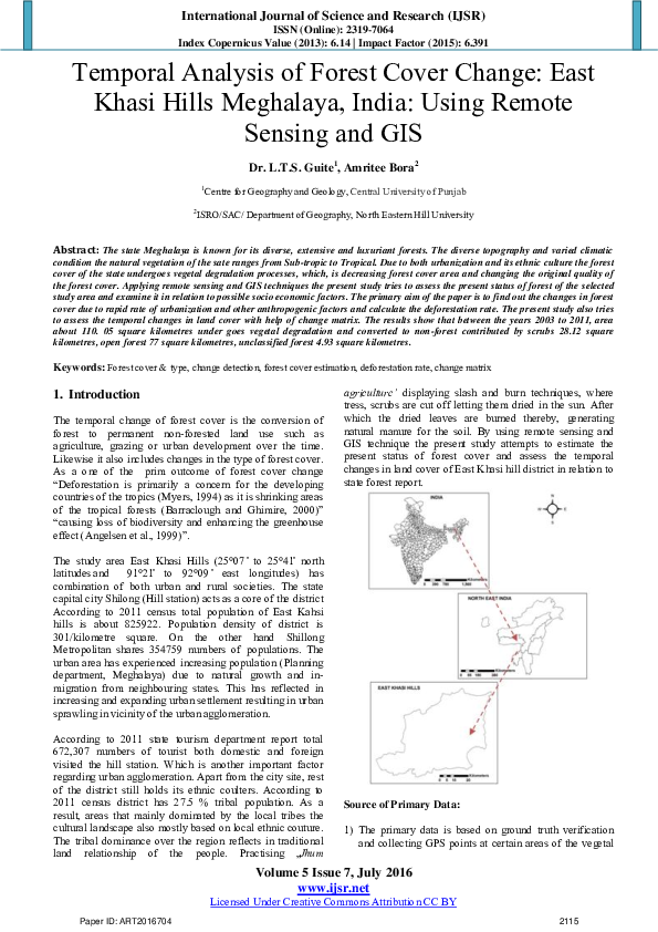 (PDF) Temporal Analysis of Forest Cover Change : East Khasi Hills Meghalaya , India : Using ...