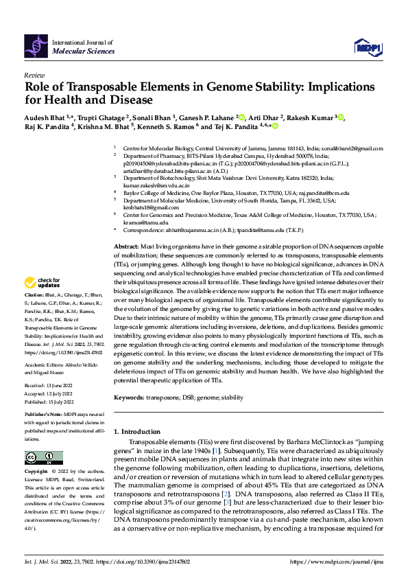 (PDF) Role of Transposable Elements in Genome Stability: Implications for Health and Disease