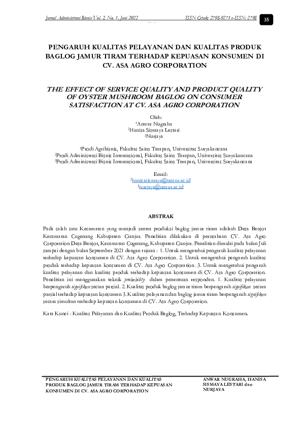 (PDF) Pengaruh Kualitas Pelayanan Dan Kualitas Produk Baglog Jamur Tiram Terhadap Kepuasan ...