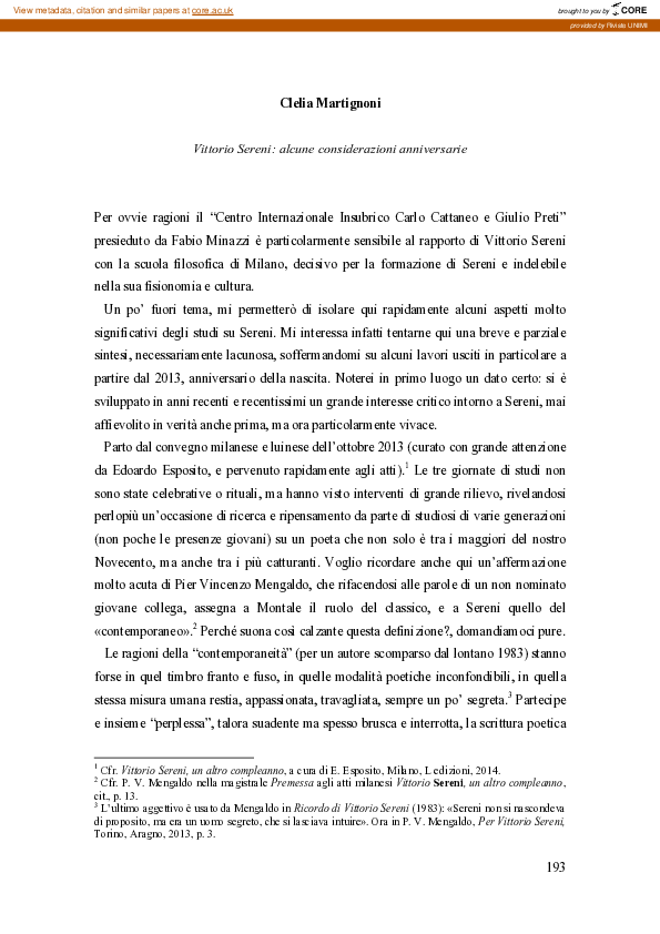 (PDF) Vittorio Sereni: alcune considerazioni anniversarie | Clelia ...