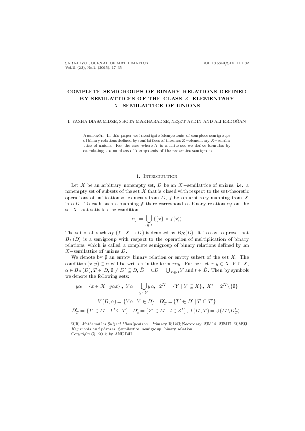 Pdf Complete Semigroups Of Binary Relations Defined By Semilattices Of The Class ∑ 1 X 10