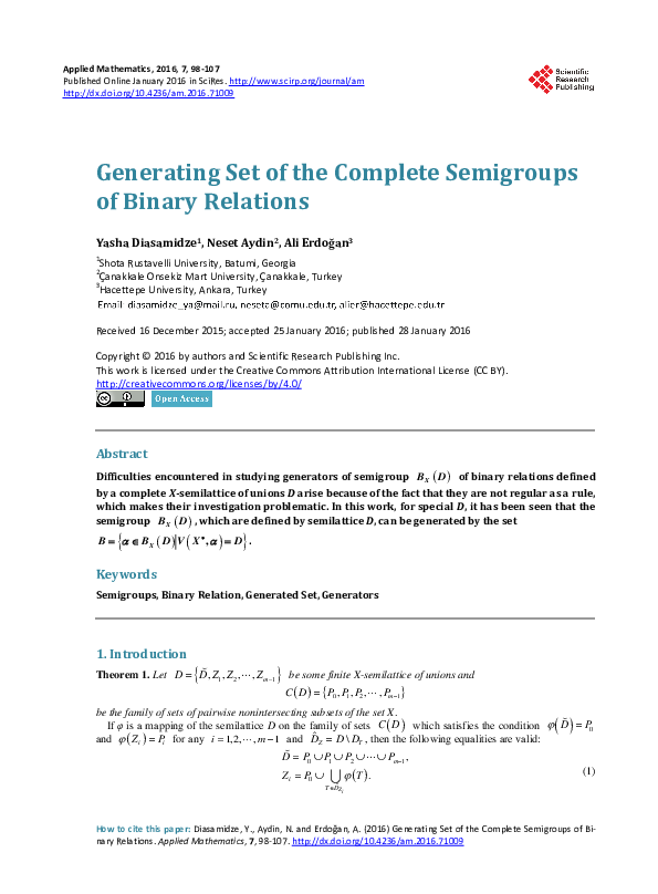 (PDF) Generating Set of the Complete Semigroups of Binary Relations