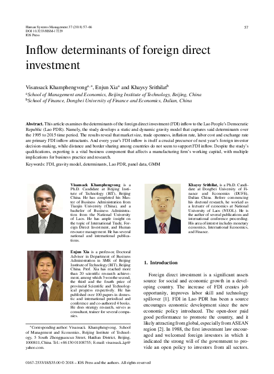 (PDF) Inflow determinants of foreign direct investment
