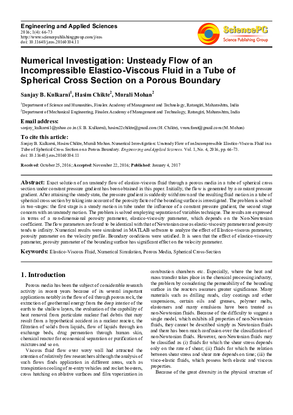(PDF) Numerical Investigation: Unsteady Flow of an Incompressible ...