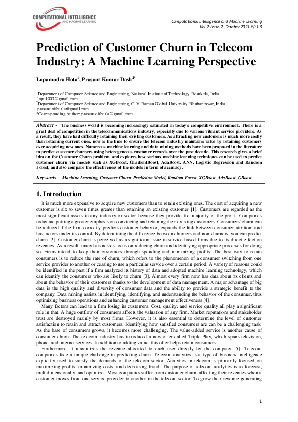 (PDF) Prediction of Customer Churn in Telecom Industry: A Machine Learning Perspective