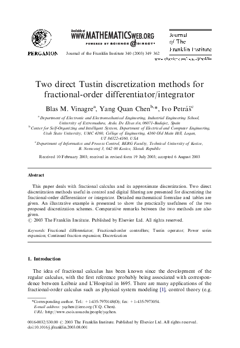 (PDF) Two direct Tustin discretization methods for fractional-order differentiator/integrator
