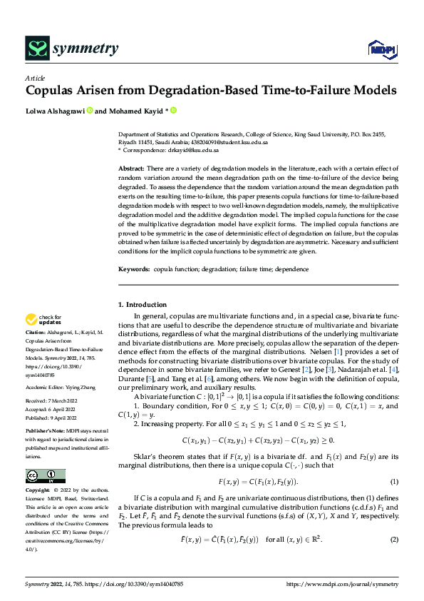 (PDF) Copulas Arisen from Degradation-Based Time-to-Failure Models