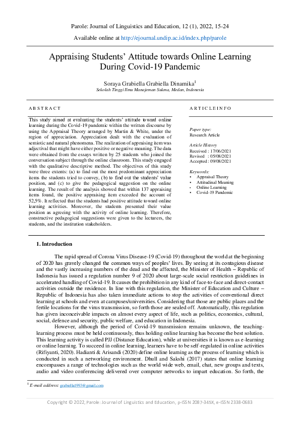 (PDF) Appraising Students’ Attitude towards Online Learning During Covid-19 Pandemic