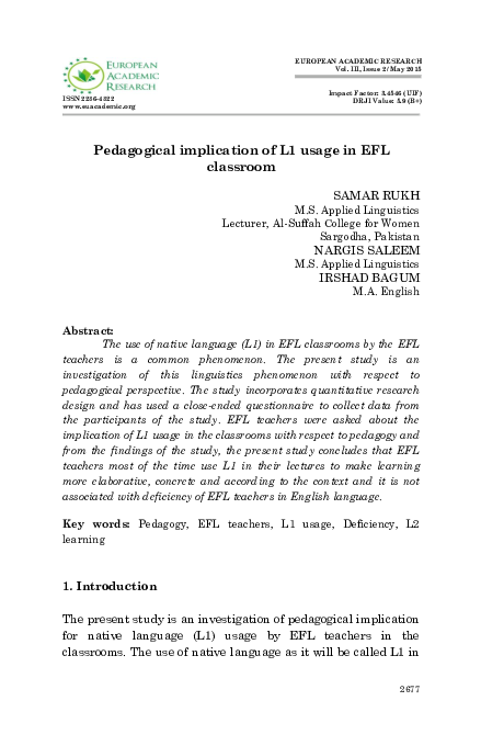 (PDF) Pedagogical Implication of L1 Usage in EFL Classroom