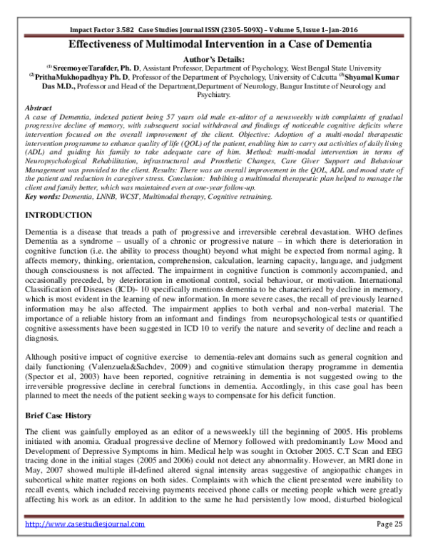 (PDF) Effectiveness of Multimodal Intervention in a Case of Dementia
