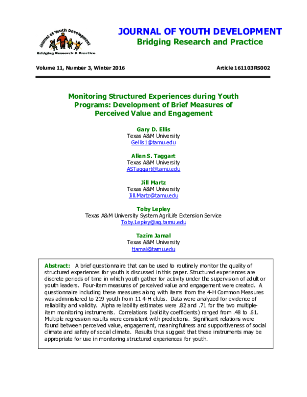 (PDF) Monitoring Structured Experiences during Youth Programs ...
