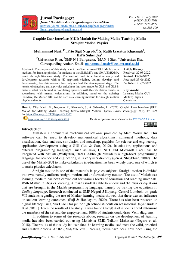 (PDF) Graphic User Interface (GUI) Matlab for Making Media Teaching Media Straight Motion Physics