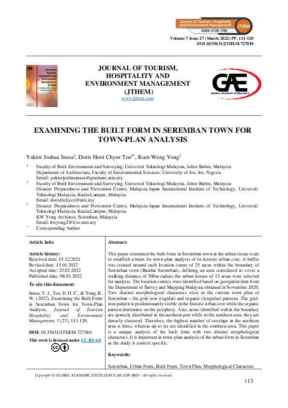 (PDF) Examining the Built Form in Seremban Town for Town-Plan Analysis
