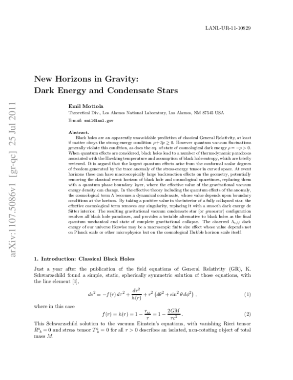 (PDF) New Horizons in Gravity: Dark Energy and Condensate Stars