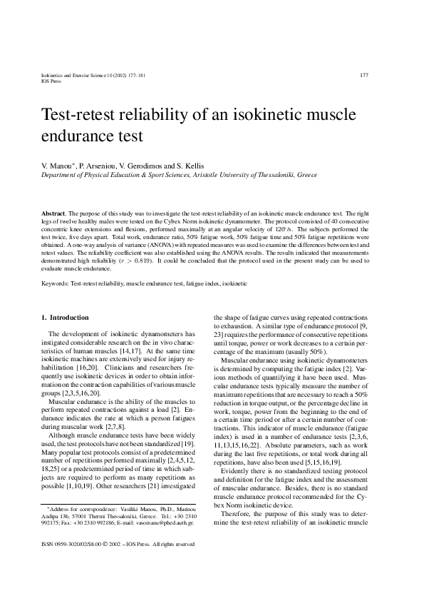 Pdf Test Retest Reliability Of An Isokinetic Muscle Endurance Test