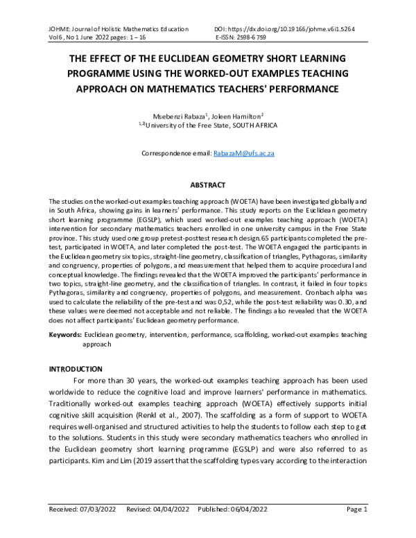 (PDF) The Effect of the Euclidean Geometry Short Learning Programme Using the Worked-Out ...