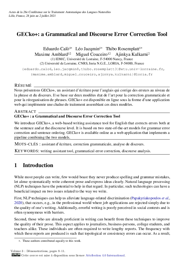(PDF) GECko+: a Grammatical and Discourse Error Correction Tool