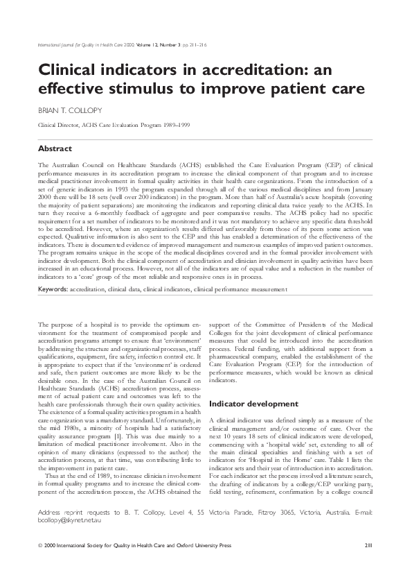 (PDF) Clinical indicators in accreditation: an effective stimulus to ...