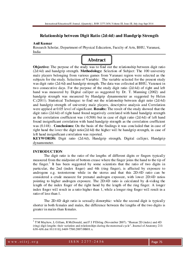 (PDF) Relationship between Digit Ratio (2d:4d) and Handgrip Strength
