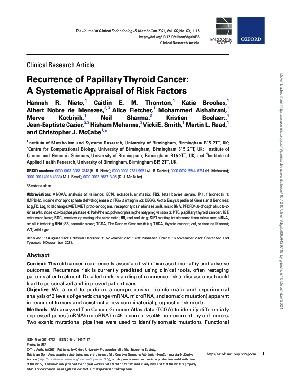 (PDF) Recurrence of Papillary Thyroid Cancer: A Systematic Appraisal of ...