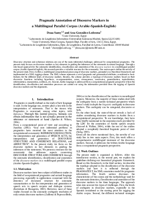 (PDF) Pragmatic Annotation of Discourse Markers in a Multilingual Parallel Corpus (Arabic ...