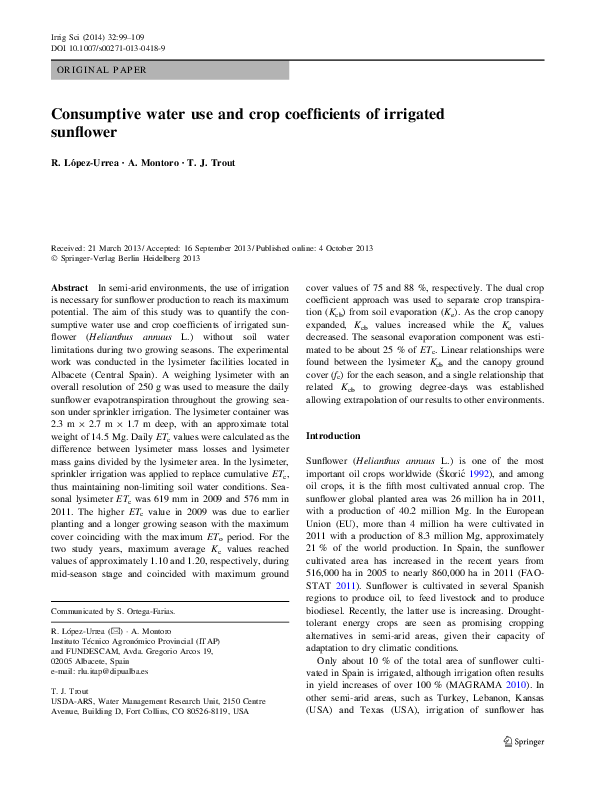(PDF) Consumptive water use and crop coefficients of irrigated sunflower