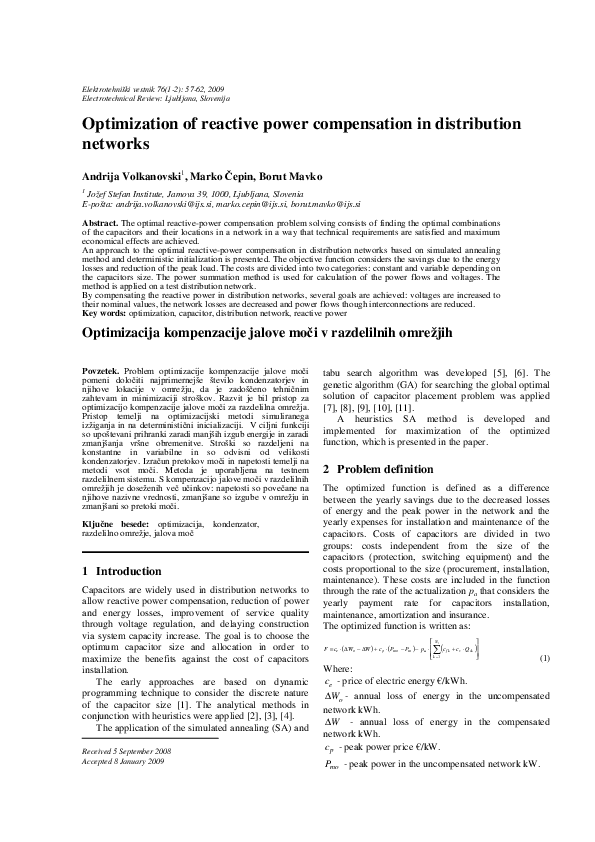 (PDF) Optimization of reactive power compensation in distribution networks