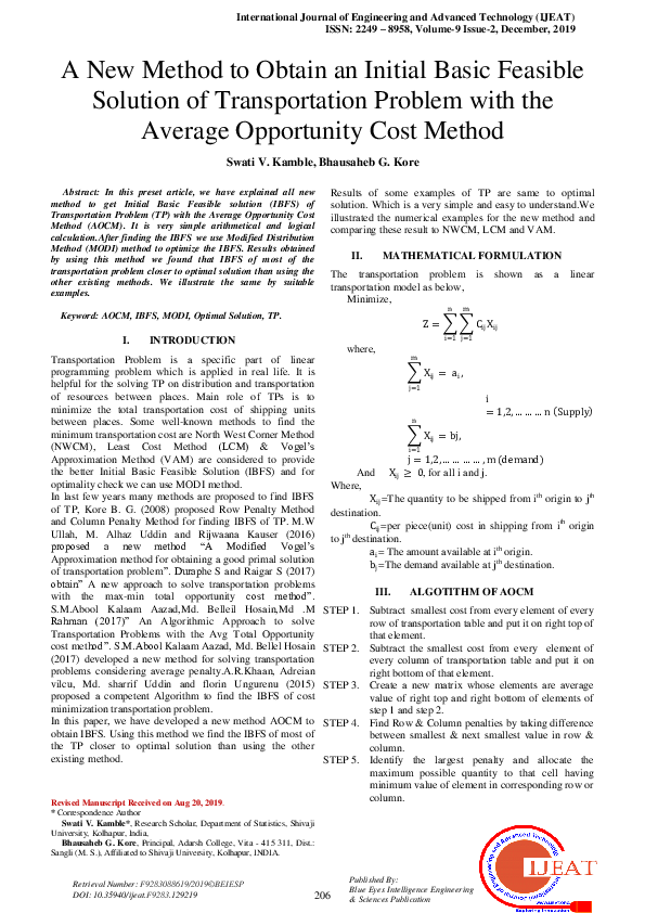 (PDF) A New Method to Obtain an Initial Basic Feasible Solution of Transportation Problem with ...