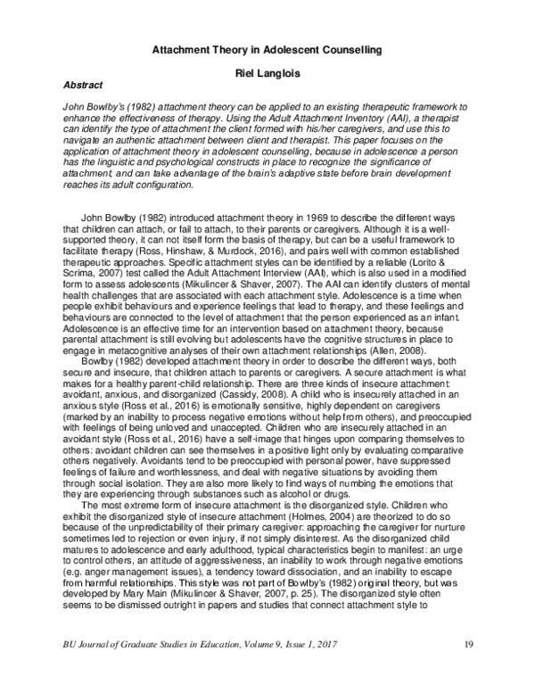 (PDF) Attachment Theory in Adolescent Counselling