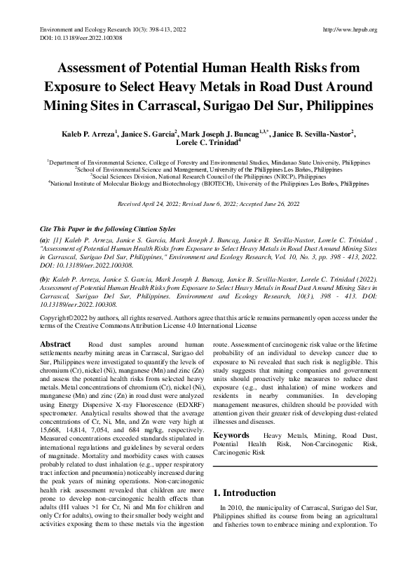 (PDF) Assessment of Potential Human Health Risks from Exposure to ...